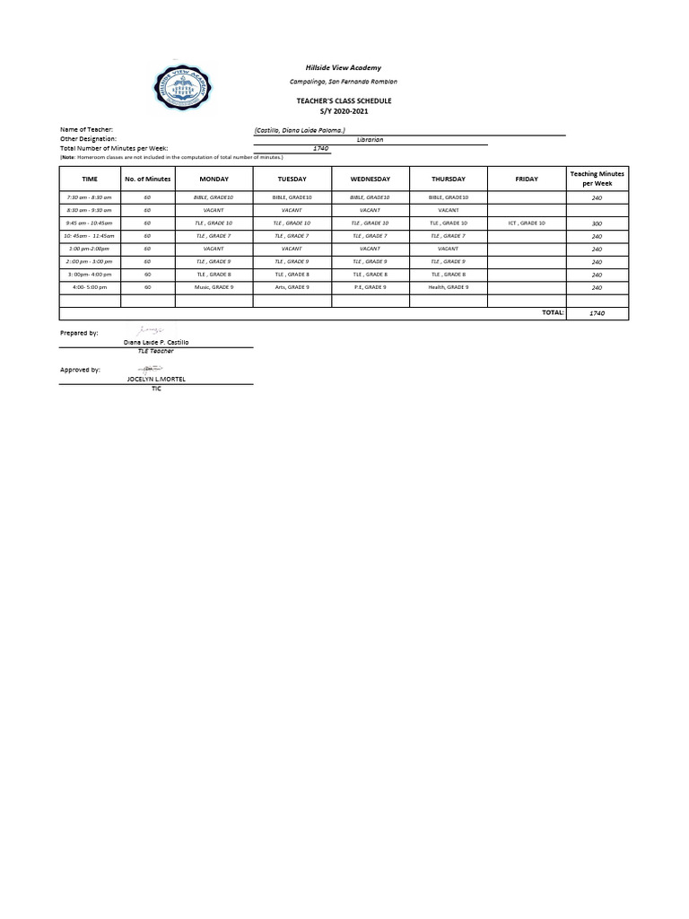 TSS - Teacher - Class - Schedule - Diana Laide Castillo | PDF