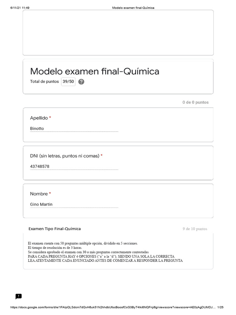 Modelo Examen Final-Química | PDF | Equilibrio químico | Ácido