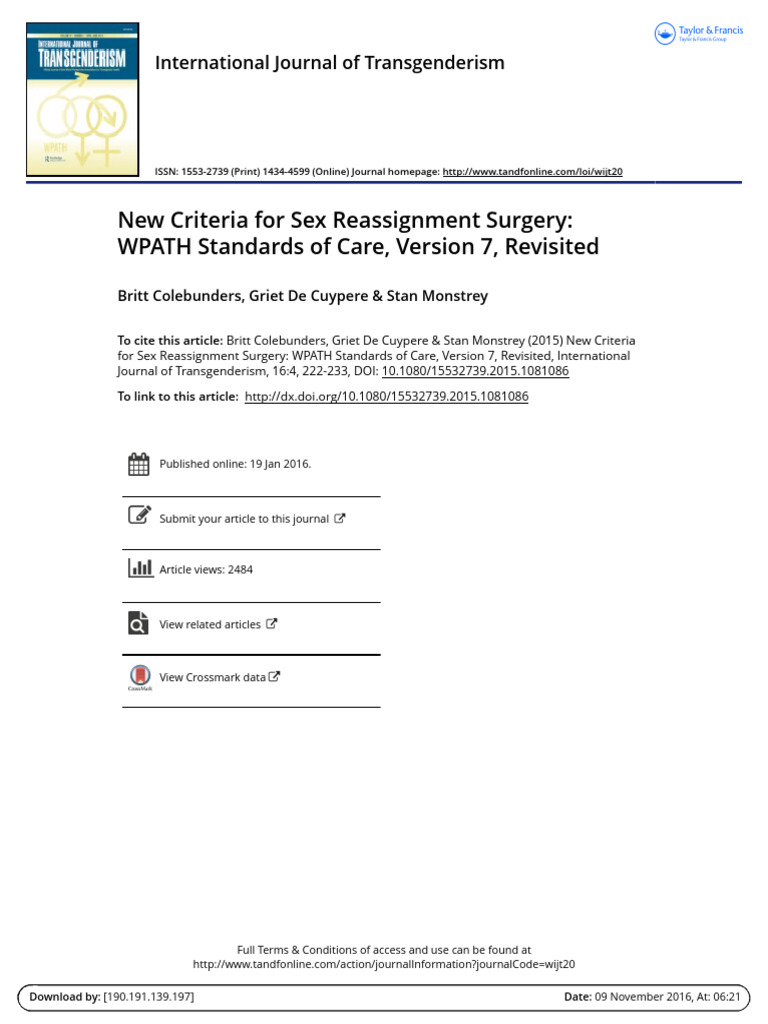 16 New Criteria For Sex Reassignment Surgery WPATH Standards of Care Version 7 Revisited Tot 11 ...