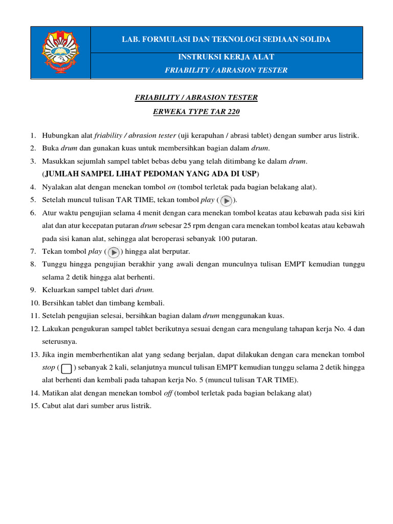 Panduan Penggunaan Friability Tester Erweka | PDF