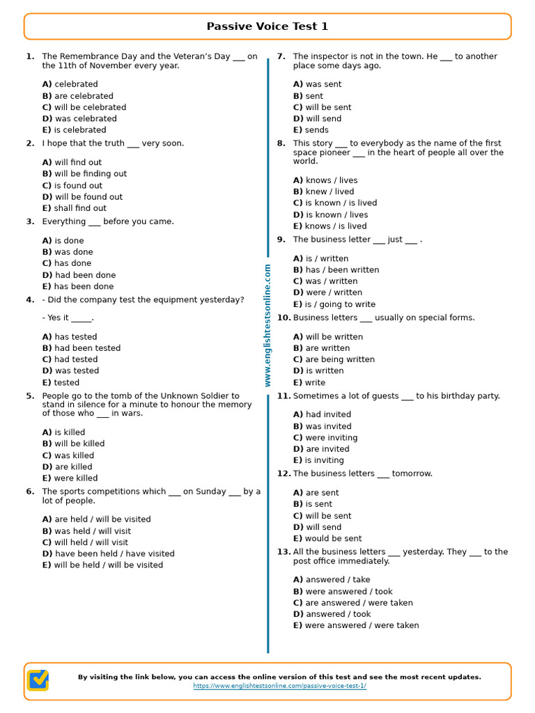 Passive Voice Test with Answers | PDF | Palace Of Westminster