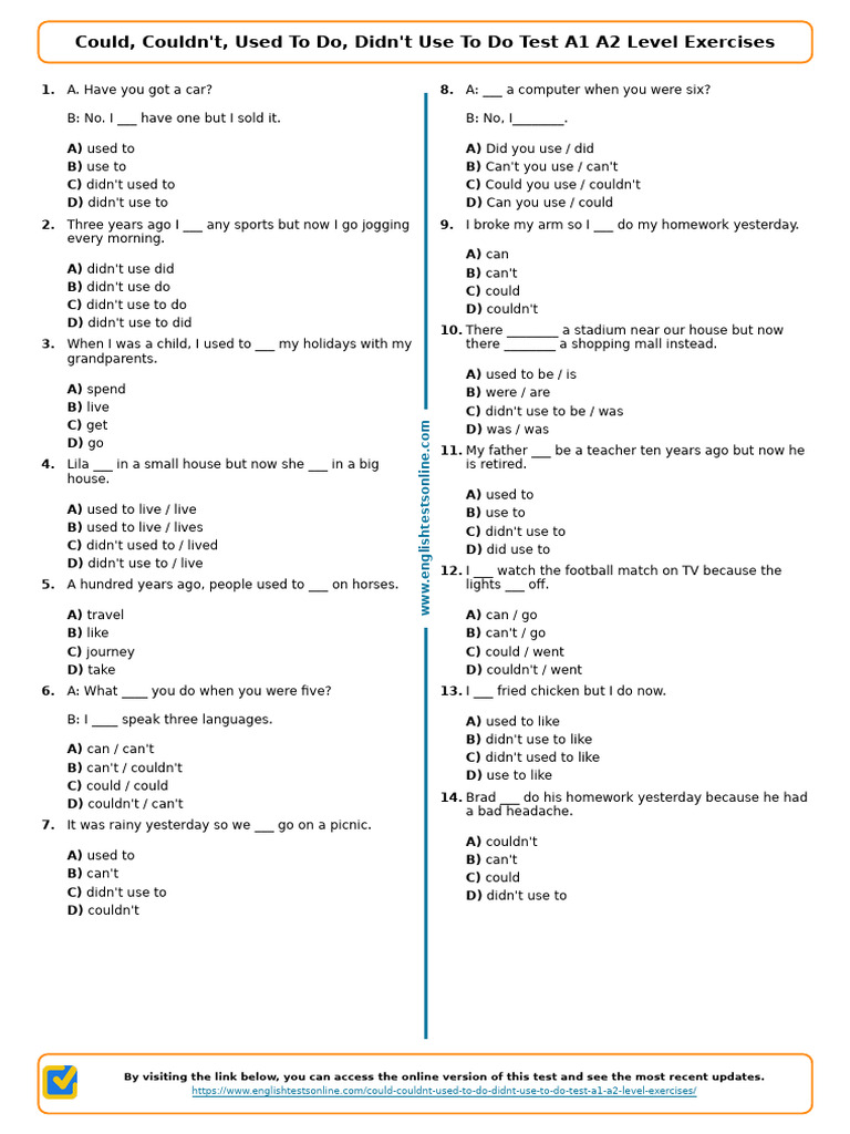 A1 A2 English Grammar Test Exercises | PDF