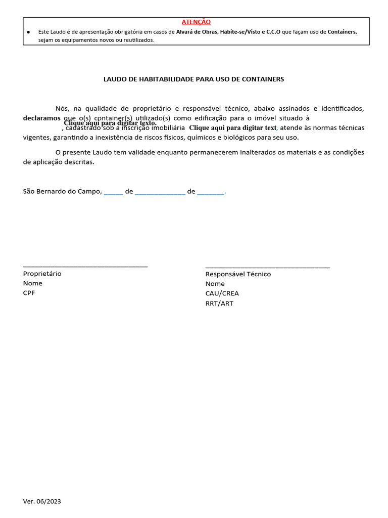 Laudo de Habitabilidade e Descontaminacao de Conteiner Modelo 30.06.23 ...