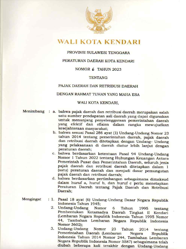 Perda Kota Kendari Nomor 6 Tahun 2023 TTG PDRD | PDF