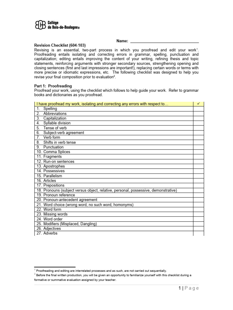 Revision Checklist for 604-103 | PDF | Verb | Proofreading