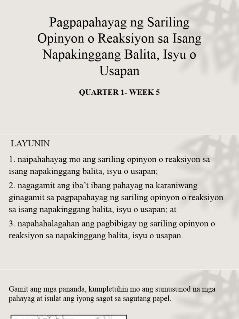 Pagpapahayag NG Sariling Opinyon G5 - Q1 Week 5 | PDF