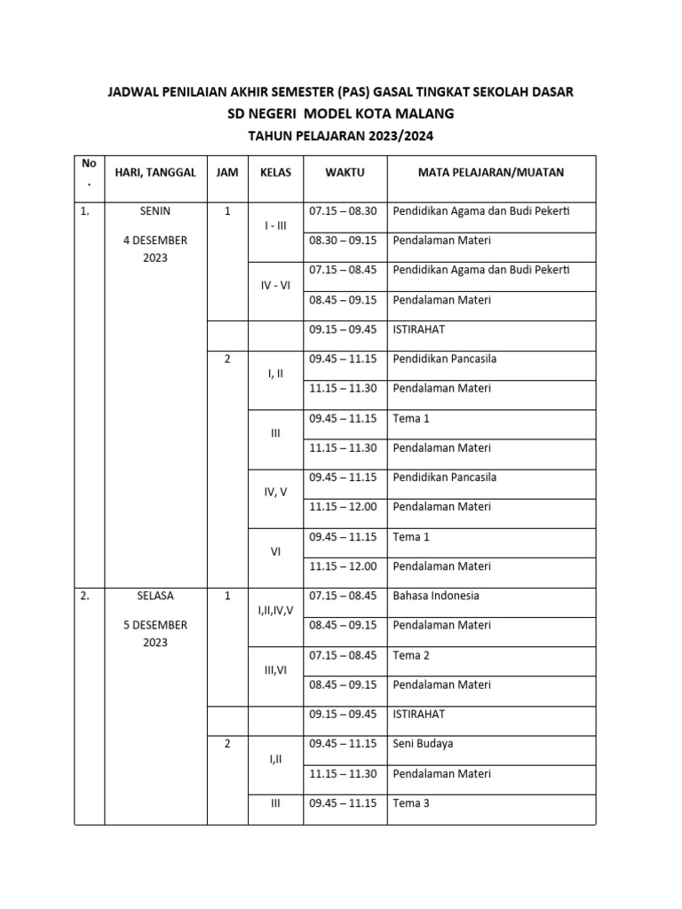Jadwal Penilaian Akhir Semester Ganjil 2023 - 2024 Revisi | PDF