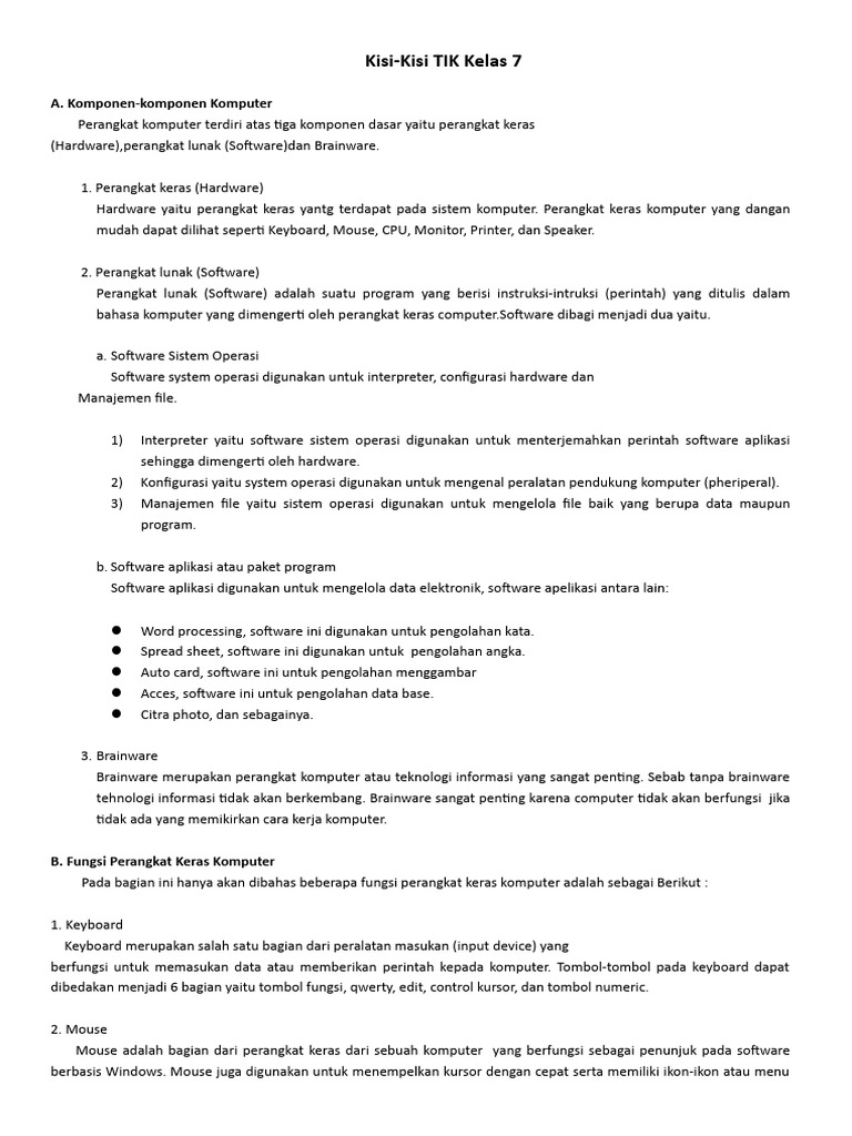 Kisi Kisi TIK Kelas 7 | PDF | Komputer