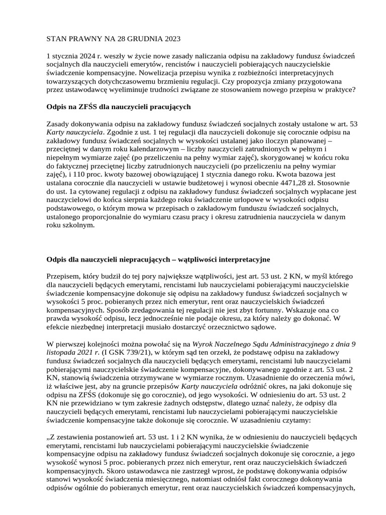 Nowe Zasady Naliczania Odpisu Na ZFŚS | PDF