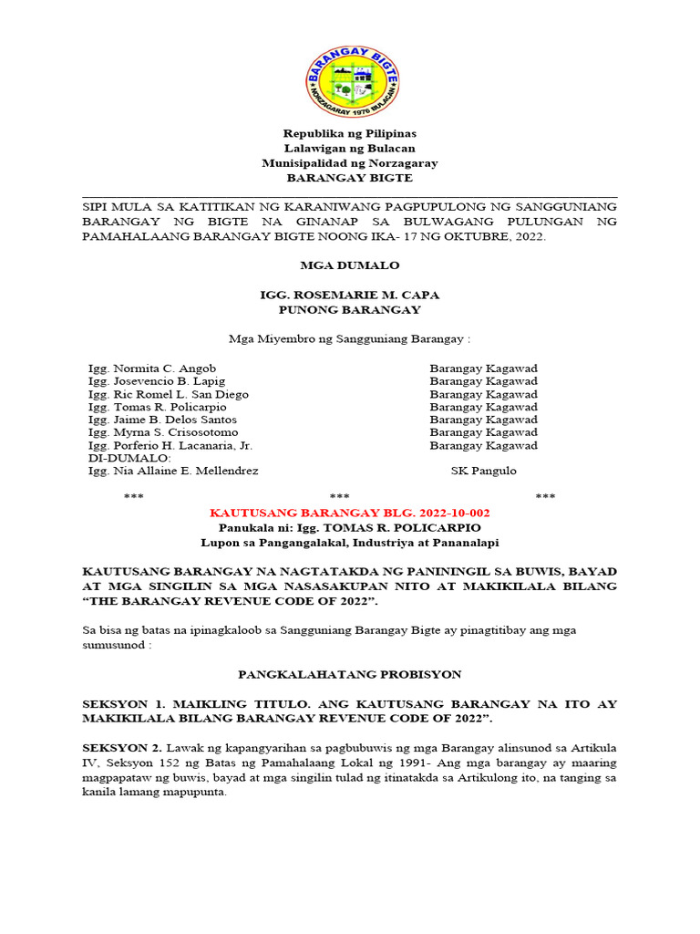 Kautusang Barangay 2022-002 BRGY REVENUE CODE 2022 | PDF