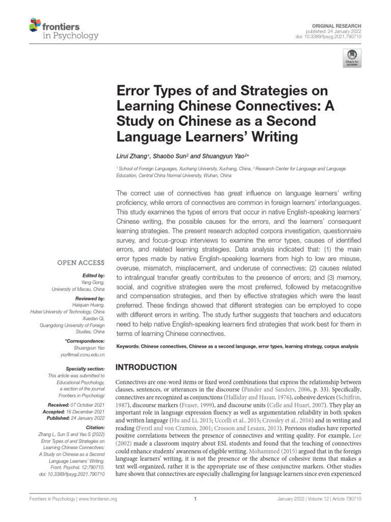 Error Types of and Strategies On Learning CHinese Connectives - Chinese ...