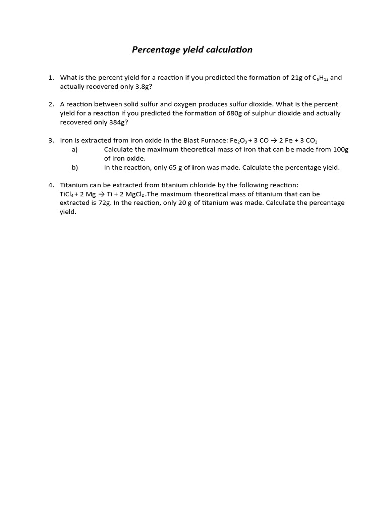 Percentage Yield Calculation Worksheet | PDF
