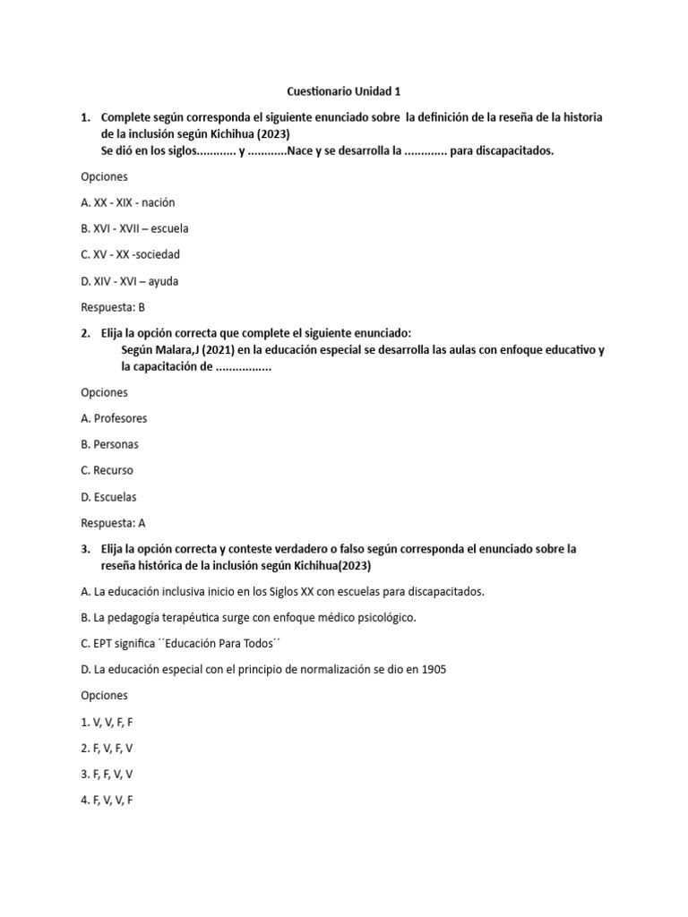 Cuestionario sobre Educación Inclusiva | PDF | Inclusión (Educación ...
