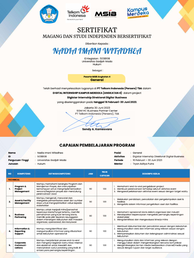 Magang Telkom Indonesia - Kampus Merdeka - Nadia Imani Witadhea | PDF