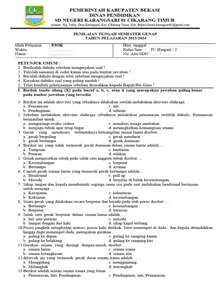 Penilaian Tengah Semester PJOK Kelas IV | PDF