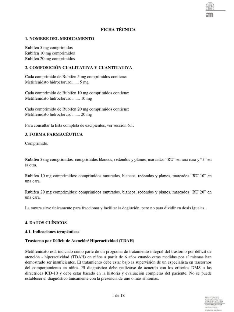 Rubifen: Uso y Dosis en TDAH | PDF | Desorden hiperactivo y deficit de ...