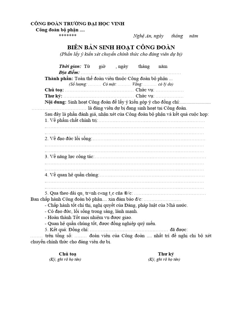 Mau Bien Ban Sinh Hoat Cong Doan Xet Chuyen Chinh Thuc | PDF