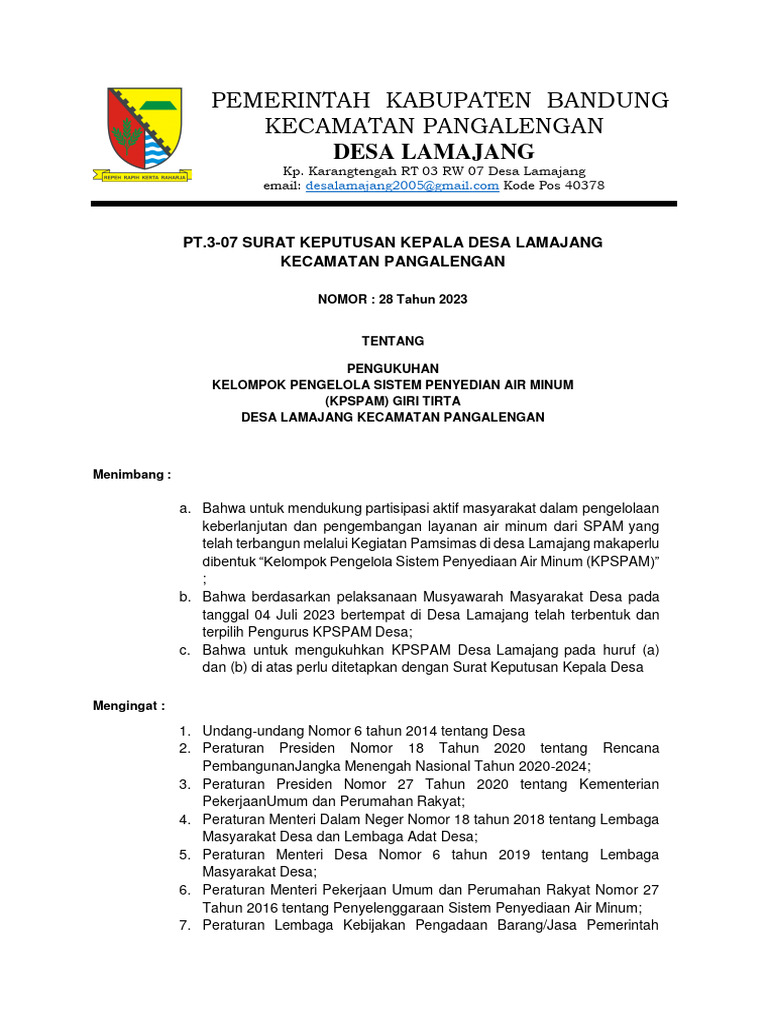 SK. Kepala Desa Pengukuhan KPSPAMS - Lamajang | PDF