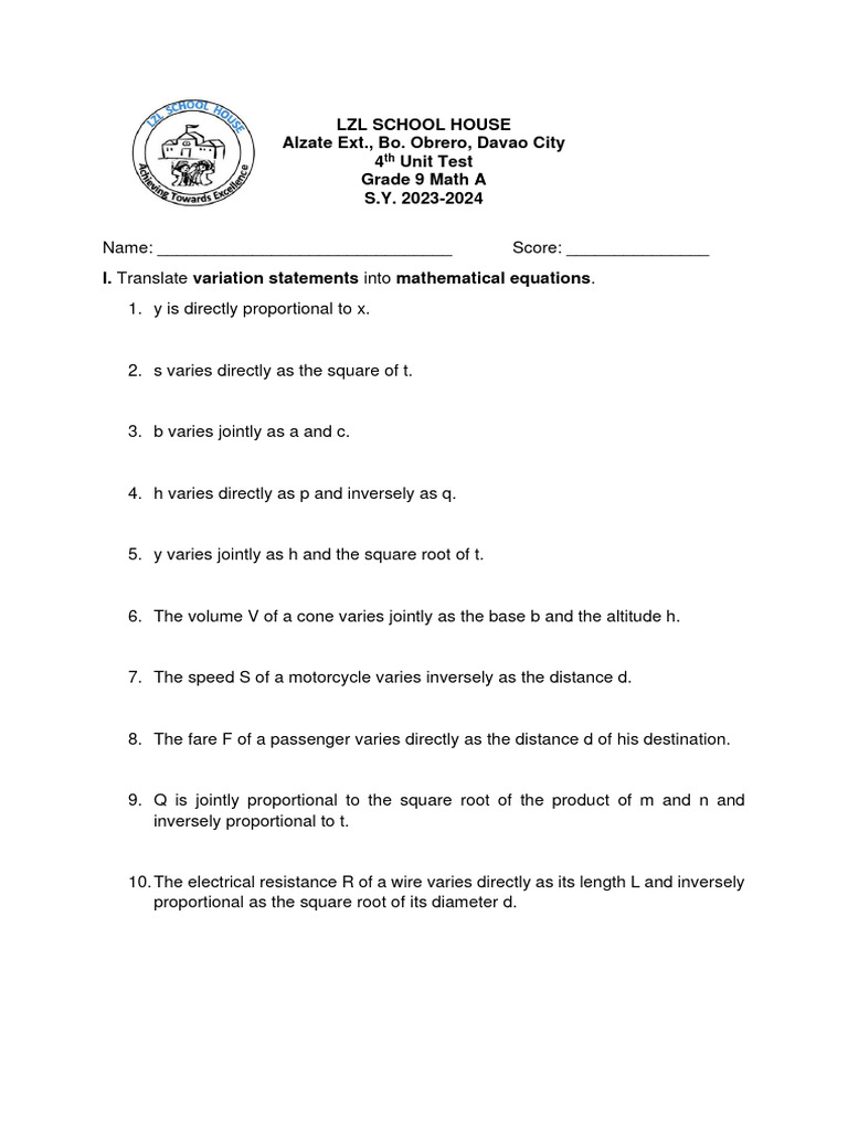 Grade 9 Math Variation Test | PDF | Equations | Mathematics
