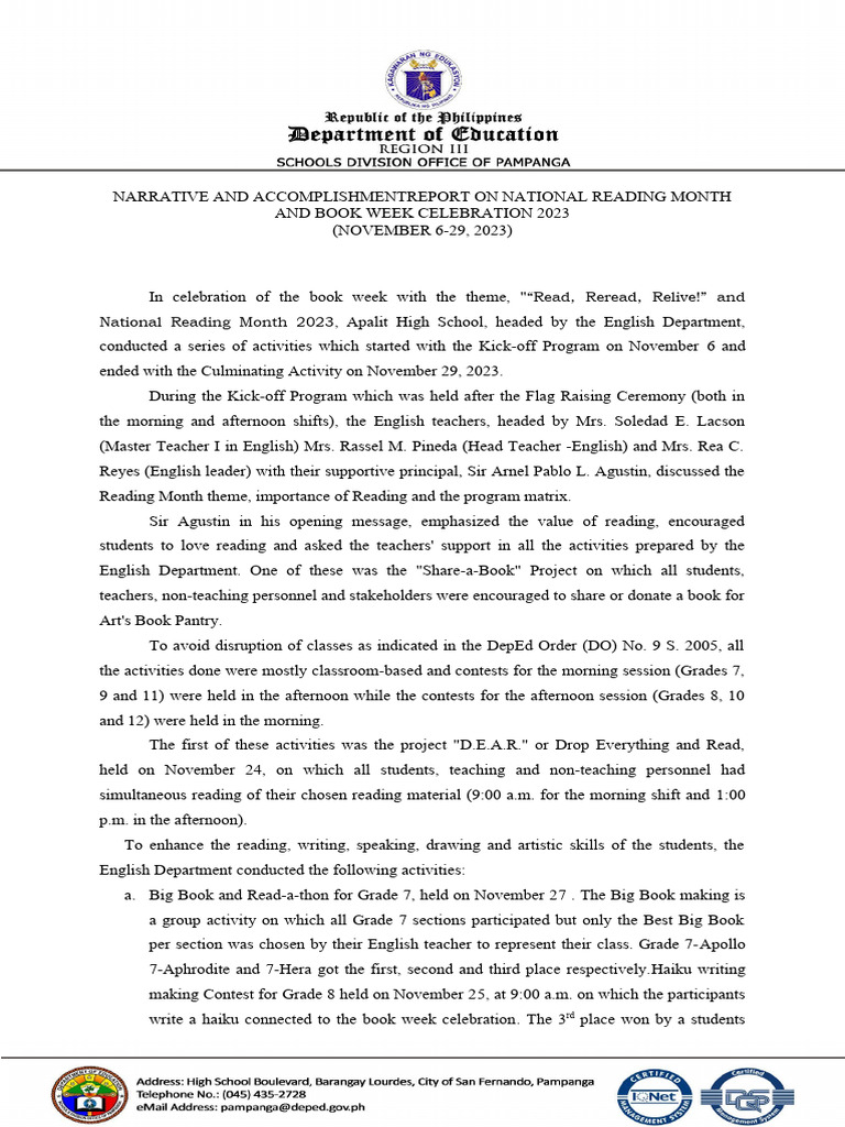 Narrative Report On National Reading Month 2023 | PDF