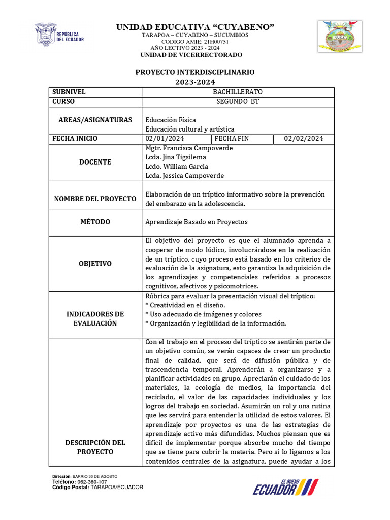 Formato de Proyecto Interdisciplinario 2 Trimestre | PDF | Aprendizaje | Evaluación