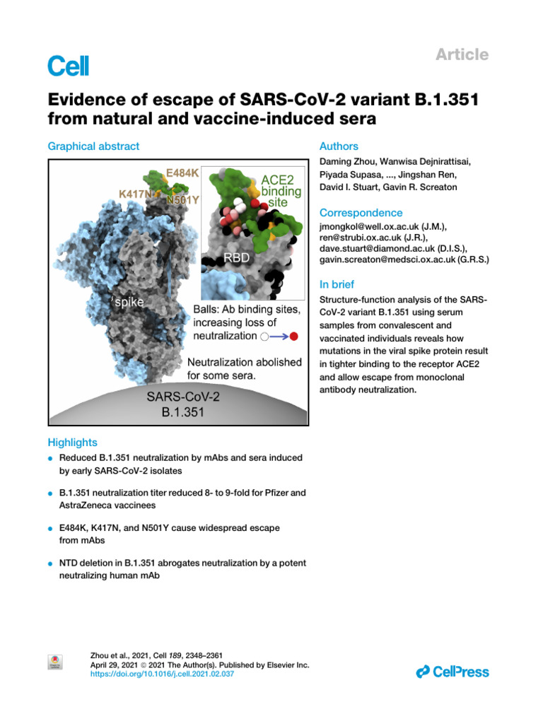 2021 - Evidence of Escape of SARS-CoV-2 Variant B.1.351 | Download Free PDF | Monoclonal ...