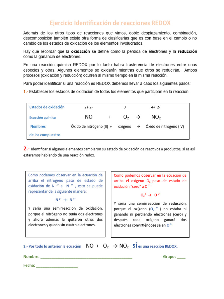 Ejercicio de Identificación de Reacciones REDOX | PDF | Redox | Reacciones químicas