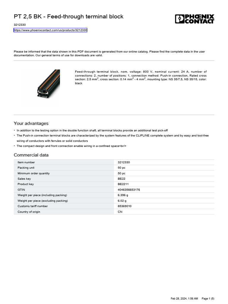 PT 2.5 BK Feed-Through Terminal Block | PDF