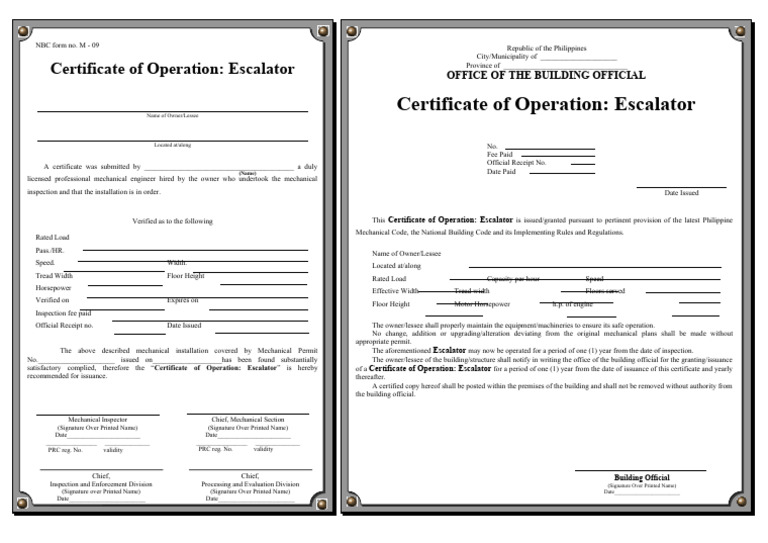 Certificate of Operation Escalator | PDF | Horsepower | Justice