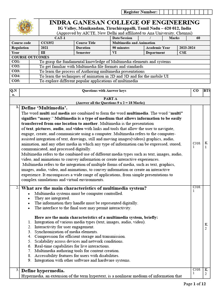 Multimedia & Animation-CCS352 - CAT-1 Questions With Answer Keys | PDF ...