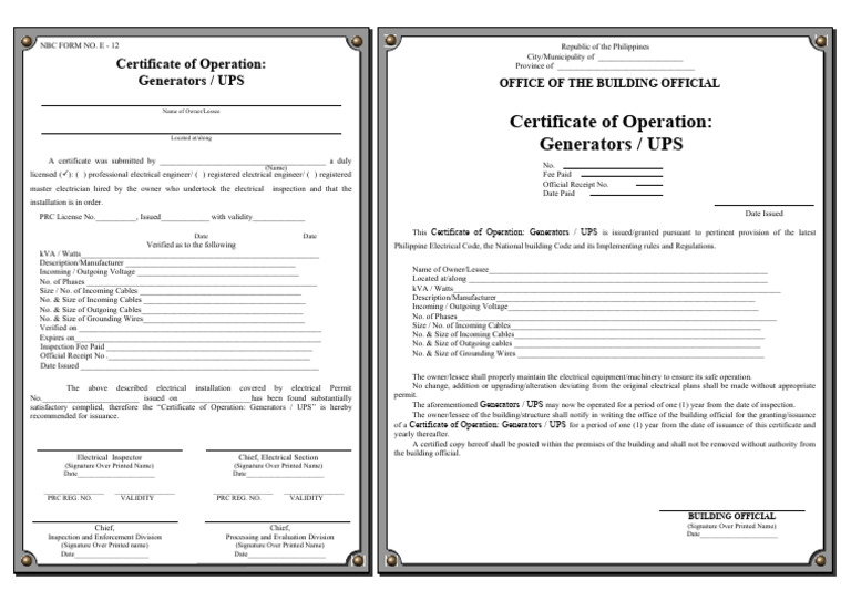 Certificate of Operation Generators UPS | PDF | Electrician ...