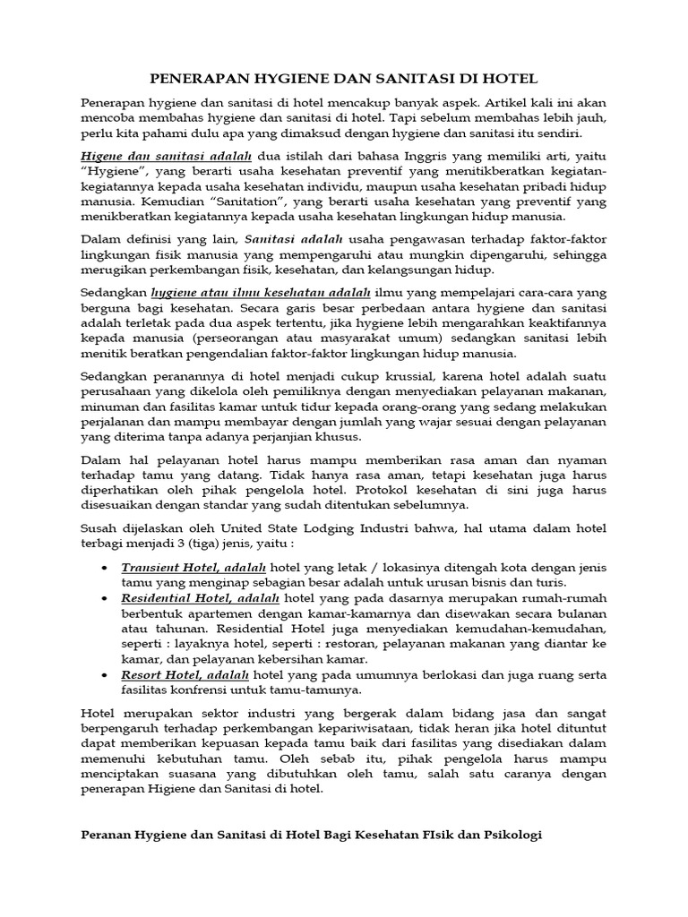 Laporan Penerapan Hygiene Dan Sanitasi Di Hotel | PDF