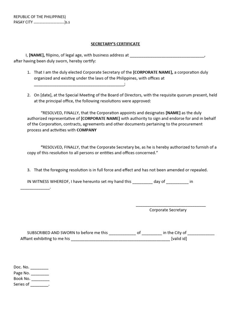 Secretary's Certificate Template | PDF | Business | Law