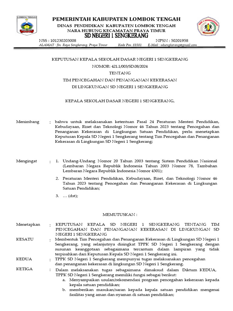 Lampiran 2 - Contoh SK Kepala Satuan Pendidikan Pembentukan TPPK (File ...