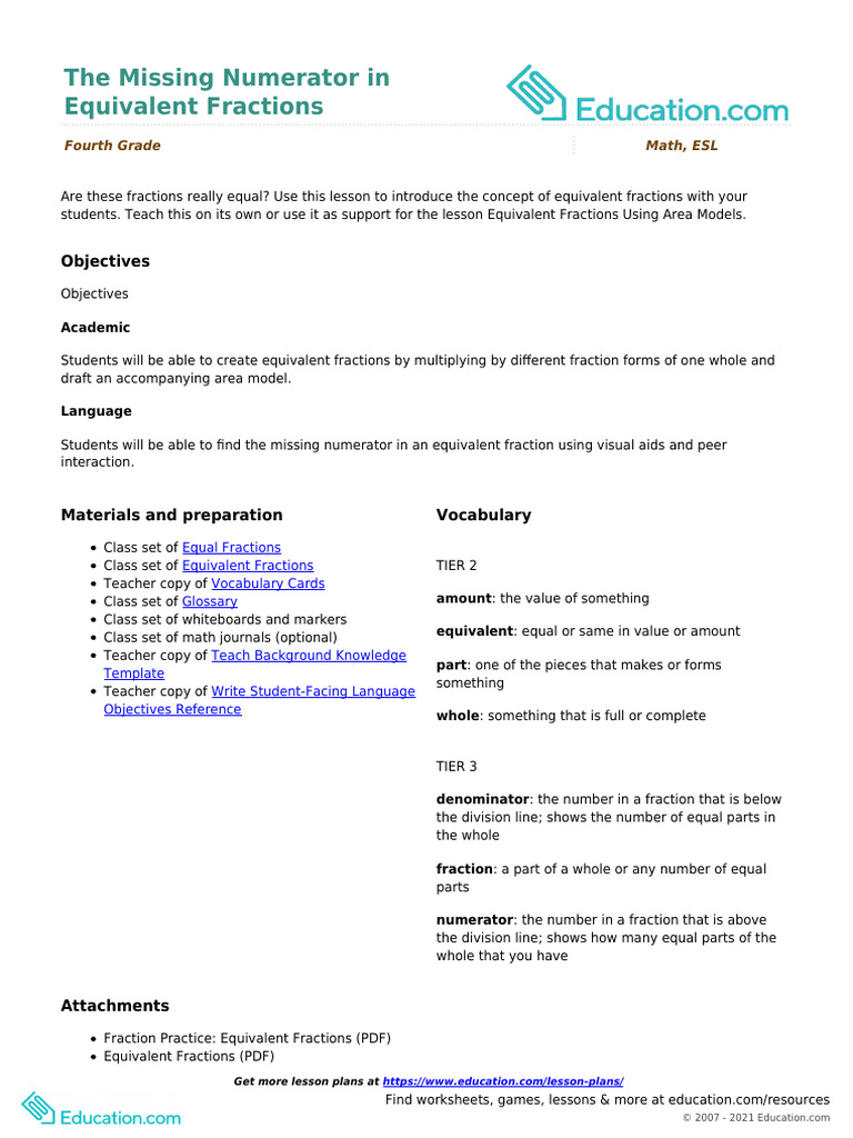 Equivalent Fractions El Support Lesson The Missing Numerator in ...