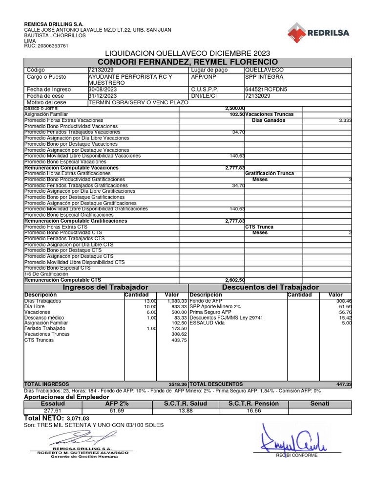 12 Quellaveco Liquidación Beneficios Sociales Redrilsa V2.RTF 15012024 091721 | PDF | Salario ...