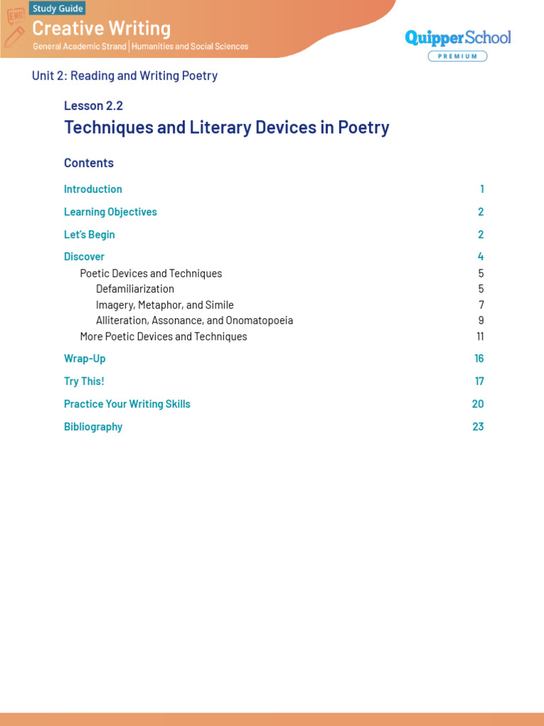 CRW-Unit 2-Lesson 2.2 - Techniques and Literary Devices in Poetry | PDF ...
