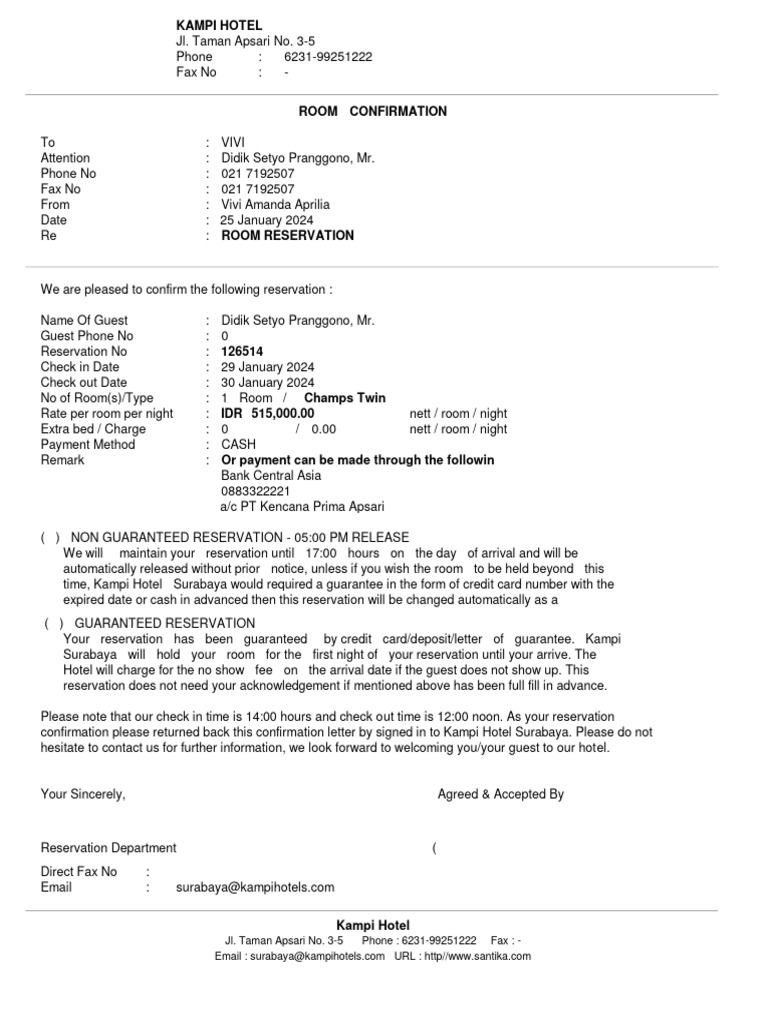 Contoh Booking Room Hotel | PDF | Credit Card | Payments