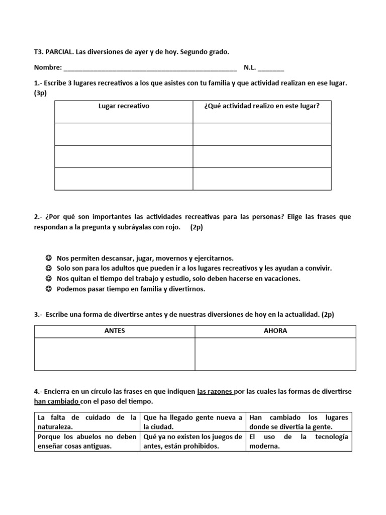 T3. PARCIAL. Las Diversiones de Ayer y de Hoy. Segundo Grado. | PDF