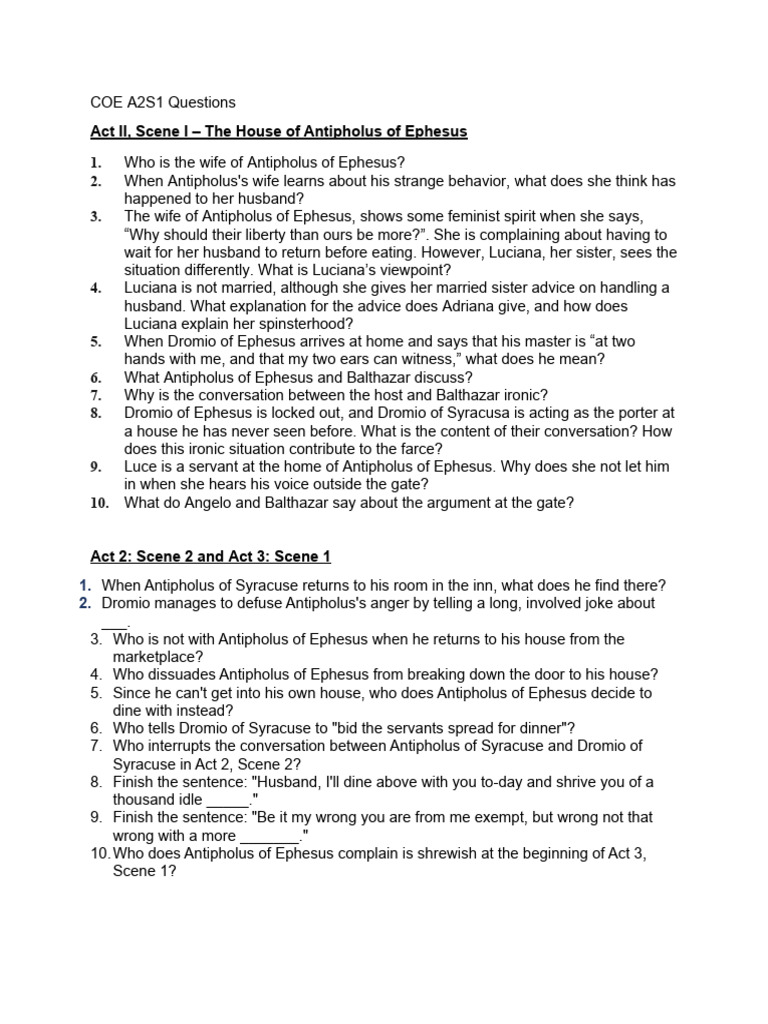 COE A2S1 Questions | PDF | The Comedy Of Errors