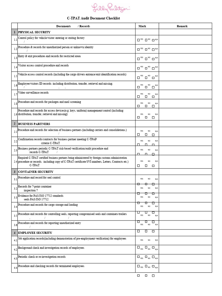 Lilly Pulitzer C-TPAT Audit Document Checklist-2012 | PDF | Computer Security | Security