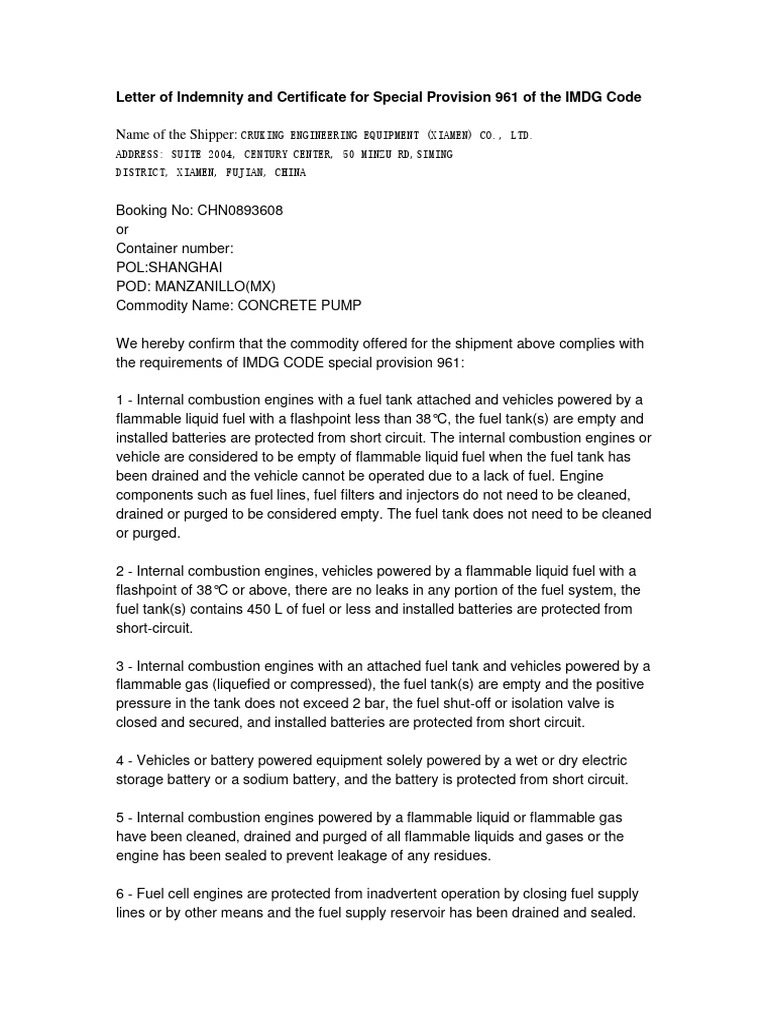 IMDG Code SP961 Compliance Certificate | PDF | Internal Combustion ...