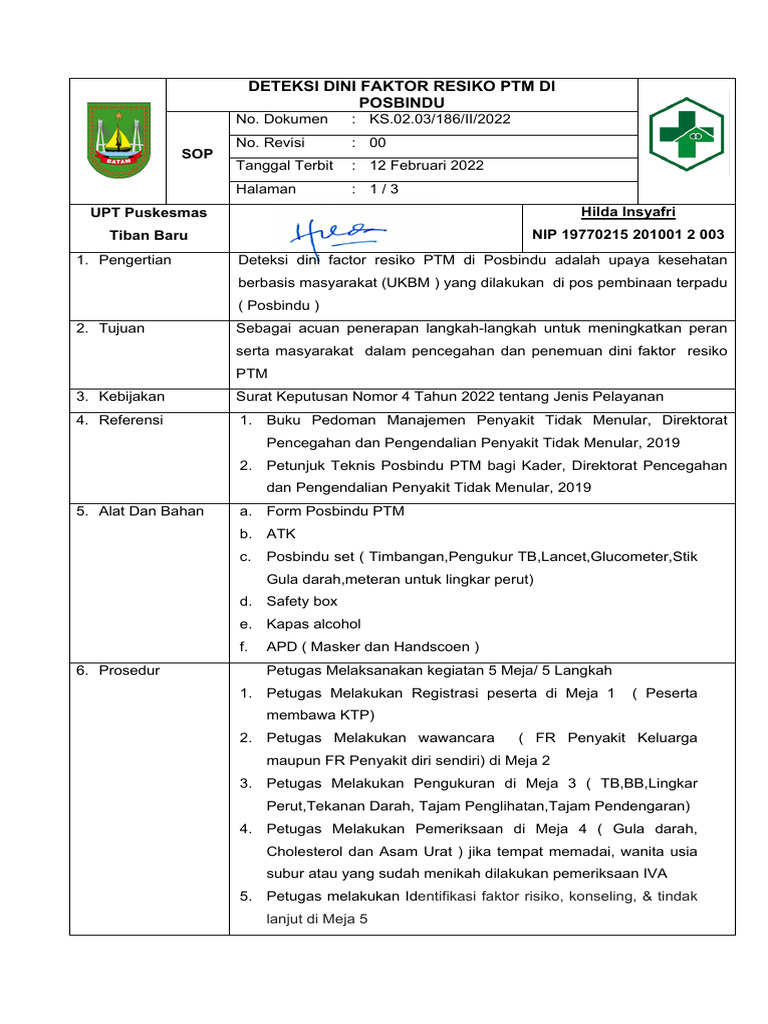 SOP Dan Daftar Tilik DETEKSI DINI DAN FAKTOR RISIKO PTM DI POSBINDU | PDF