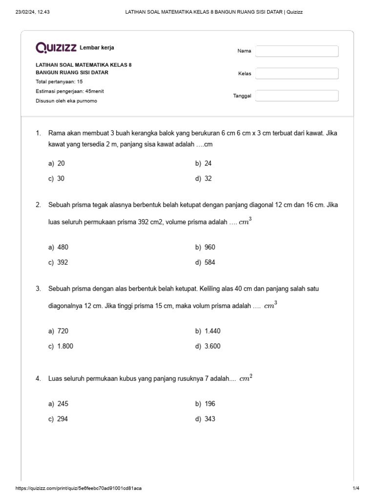 LATIHAN SOAL MATEMATIKA KELAS 8 BANGUN RUANG SISI DATAR - Quizizz | PDF