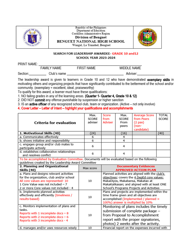 Leadership Award Criteria for Grades 10-12 | PDF | Leadership | Learning