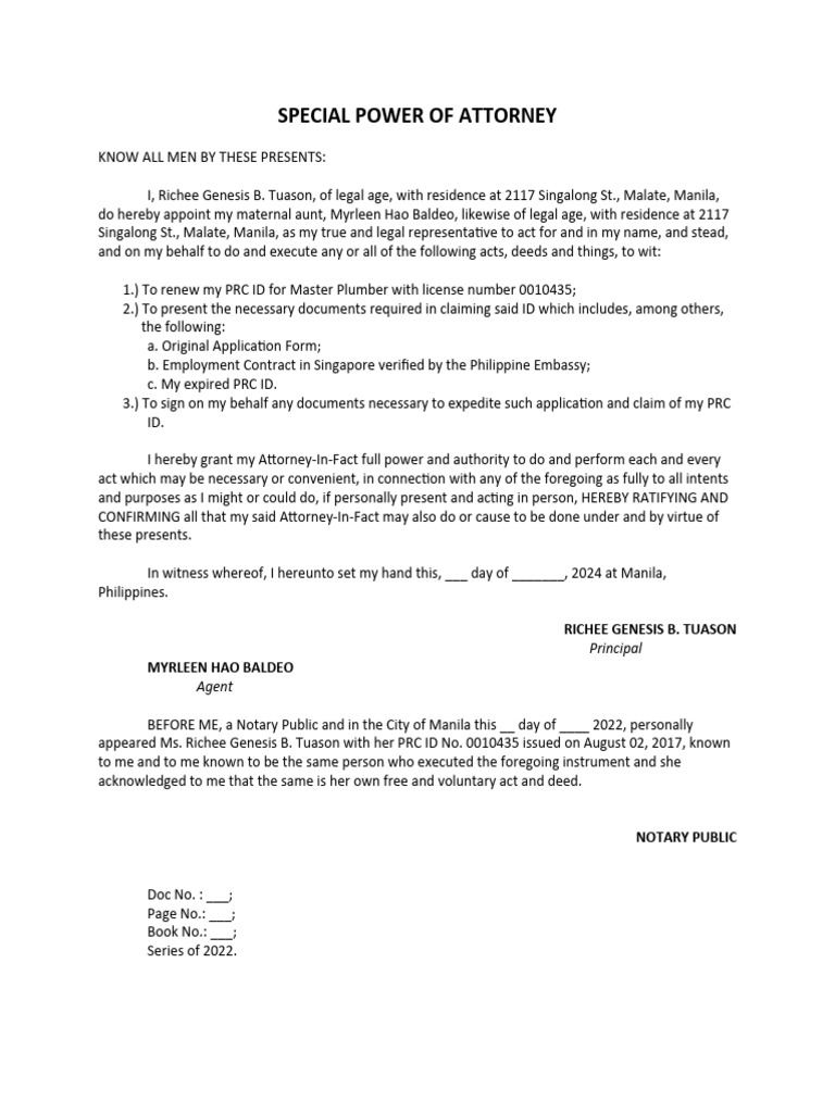 SPECIAL POWER OF ATTORNEY Sample Doc For PRC | PDF