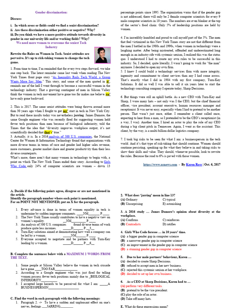 Unit 1 Class 5 - Reading Practice Gender Discrimination (1) ANSWERS ...