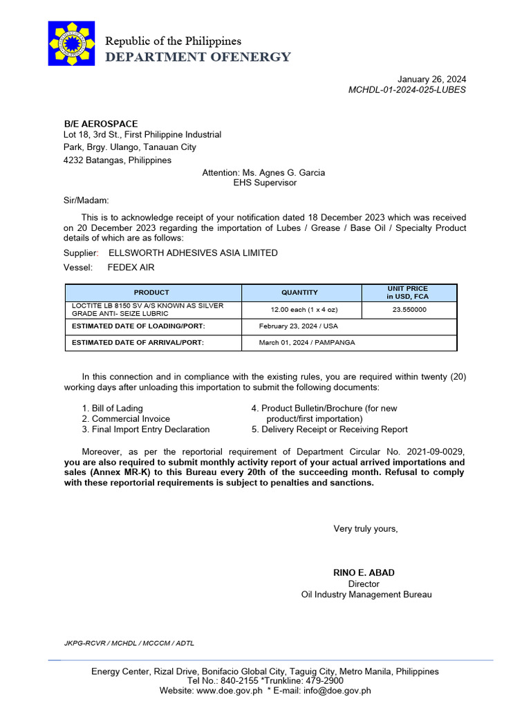 Mchdl-01-2024-025-Lubes (Be Aerospace) | PDF | Business Documents