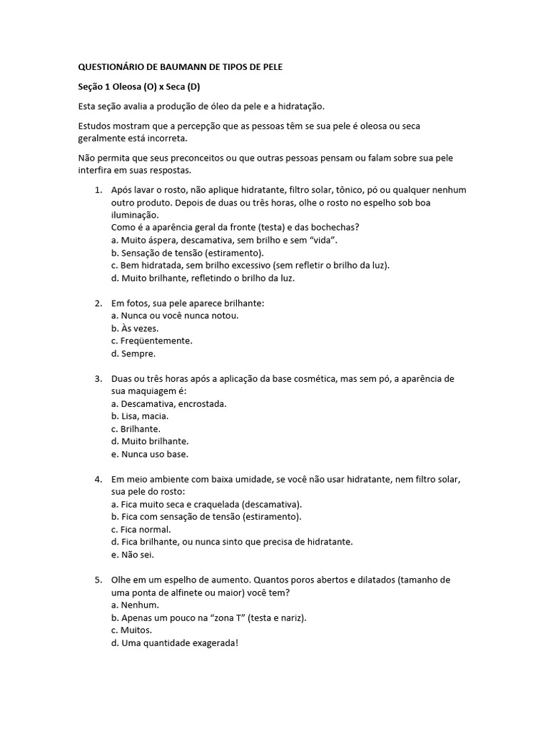 Questionário de Baumann de Tipos de Pele | PDF | Dermatite | Alergia
