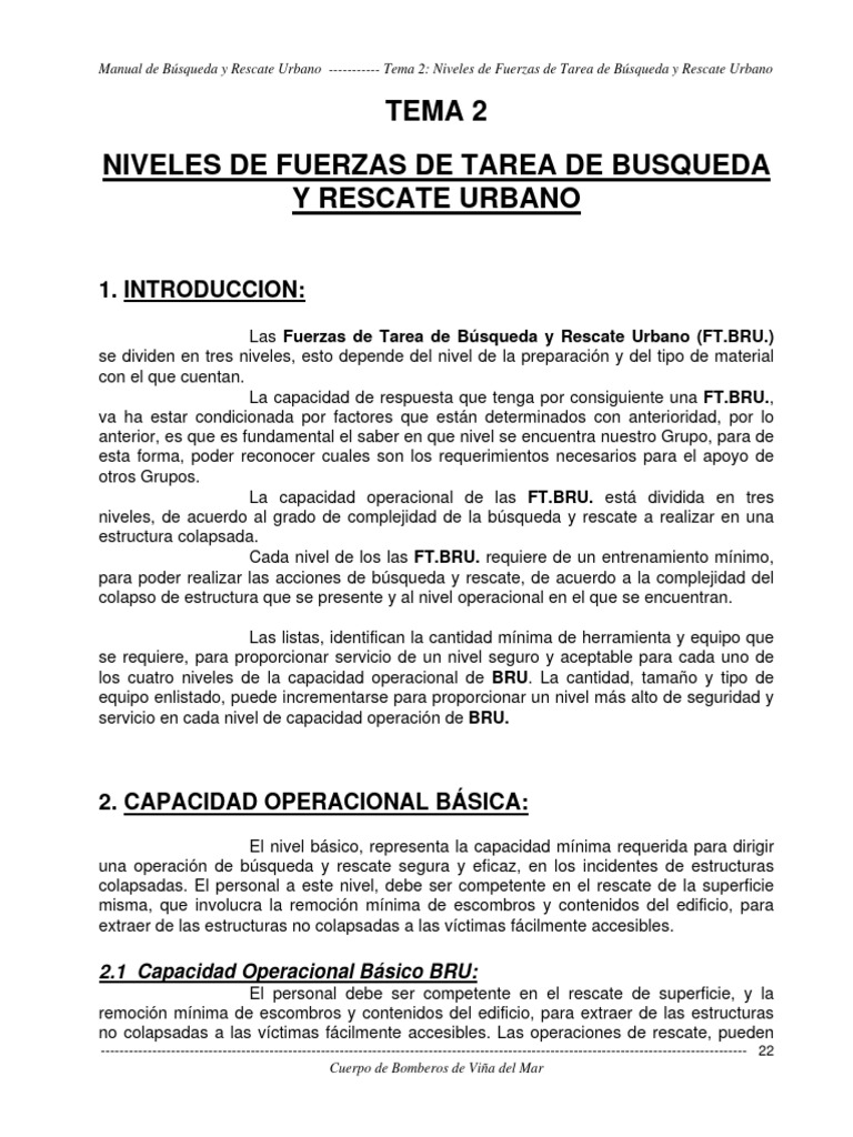 002 Tema NIVELES DE FUERZAS DE TAREA DE BUSQUEDA Y RESCATE URBANO | PDF | Herramientas | Bienes ...